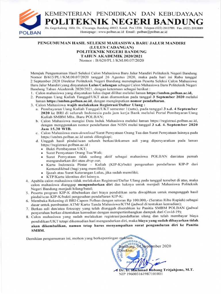 Pengumuman Cadangan SMBM 2020 | PDF