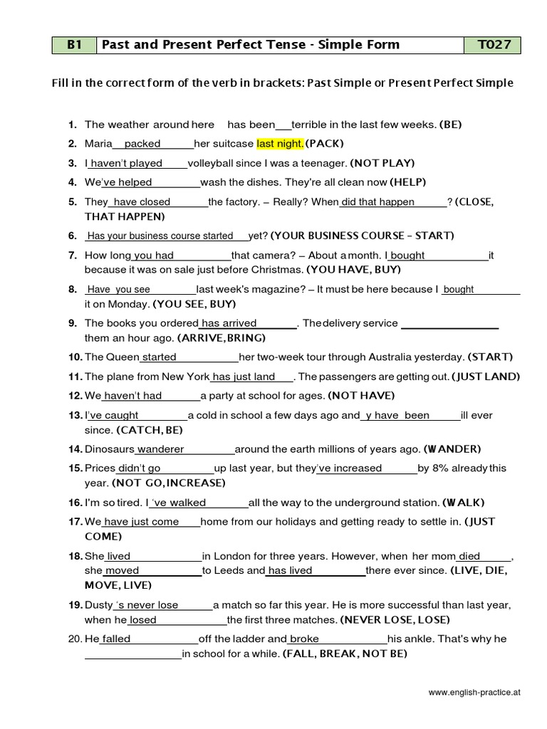 B1 Past and Present Perfect Tense - Simple Form T027 | PDF