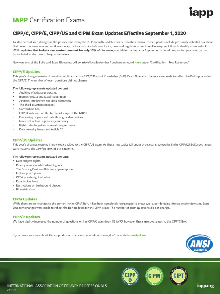 IAPP CERTIFICATION ExamUpdates 072120.2 PDF | PDF | Privacy | Test ...