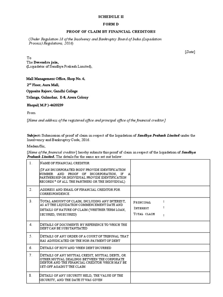 Process) Regulations, 2016) : Schedule Ii Form D Proof of Claim by Financial Creditors | PDF ...