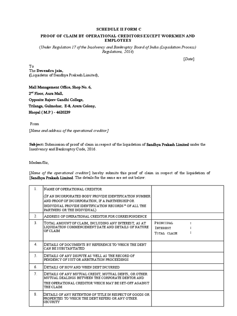 Schedule Ii Form C Proof of Claim by Operational Creditors Except Workmen and Employees | PDF ...