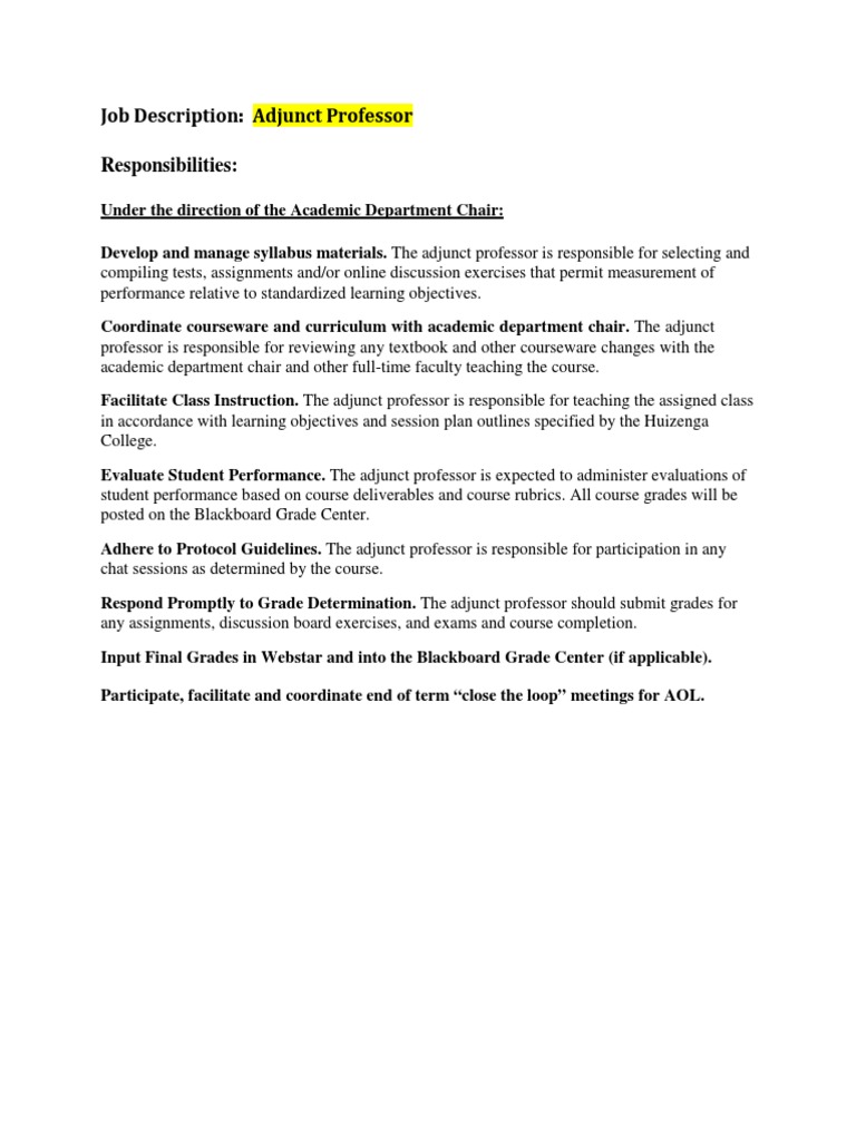 Job Description: Adjunct Professor Responsibilities | PDF
