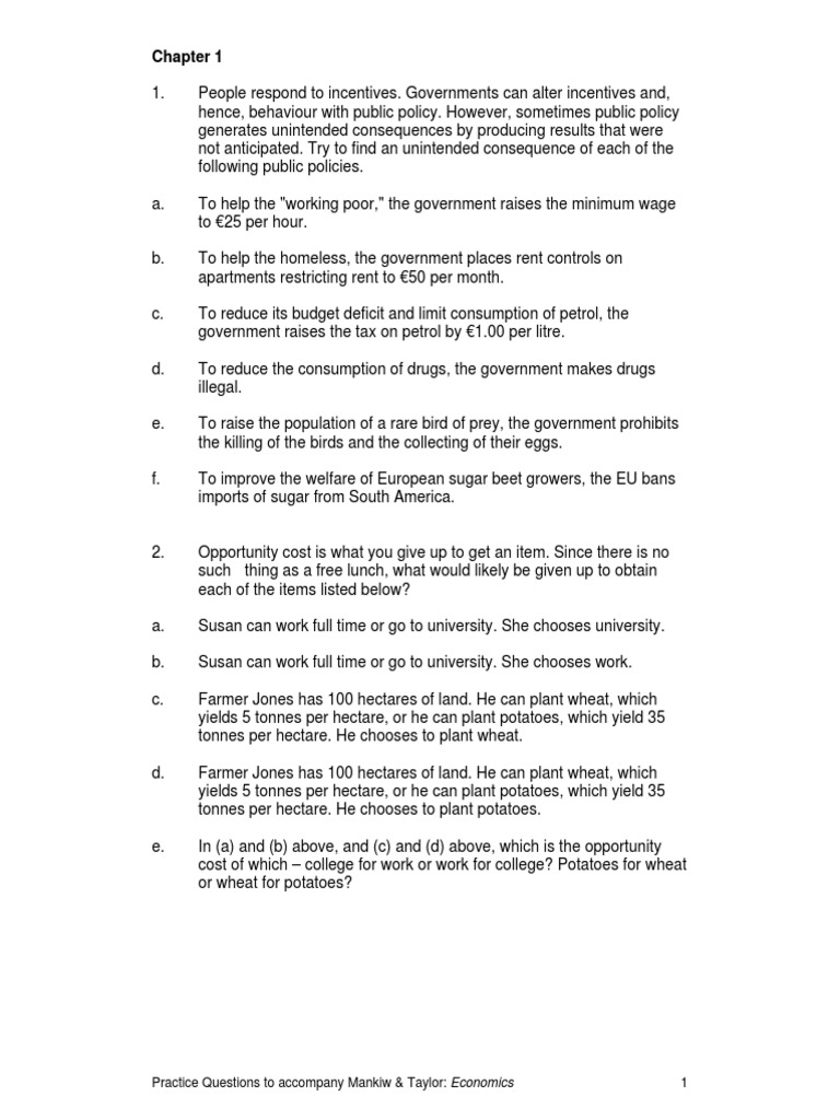 Practice Questions To Accompany Mankiw & Taylor: Economics 1 | PDF