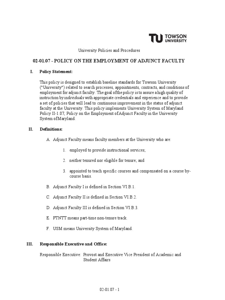 Adjunct Faculty Employment Policy | PDF | Professors In The United ...