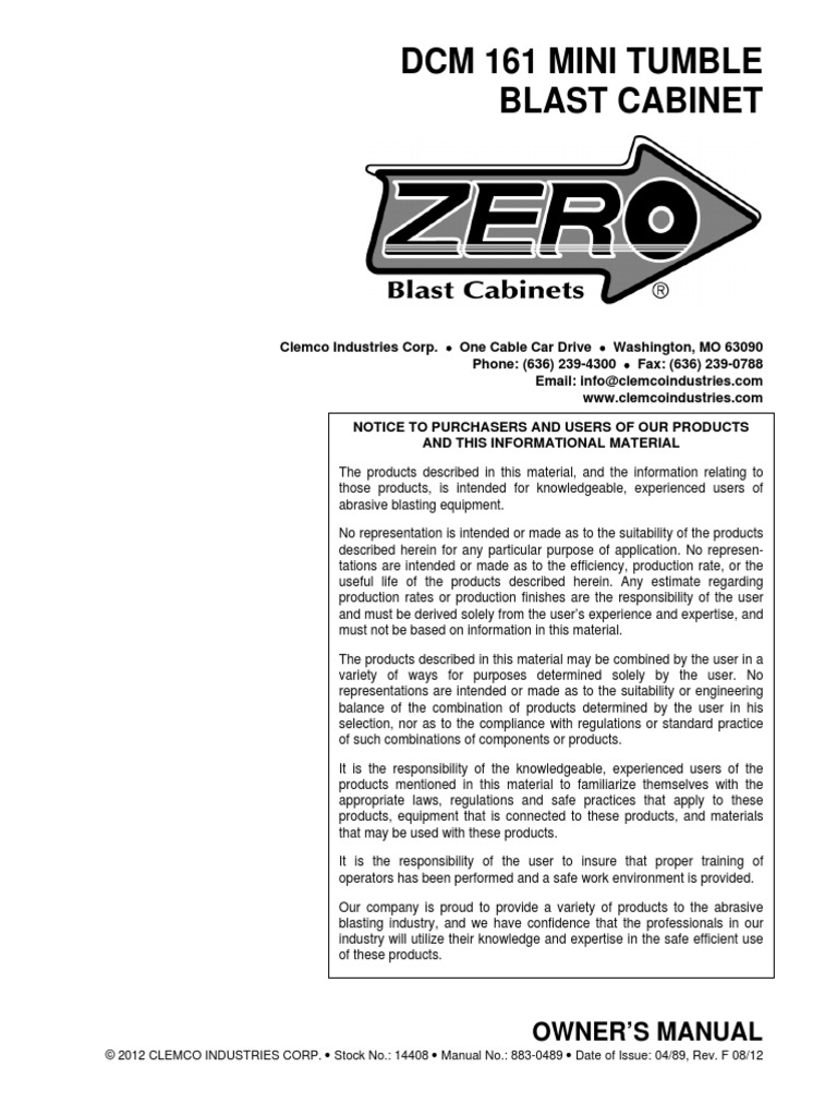 DCM 161 Mini Tumble Blast Cabinet: Owner'S Manual | PDF | Valve | Screw