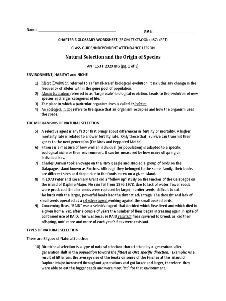 Natural Selection and The Origin of Species: Chapter 5 Glossary ...