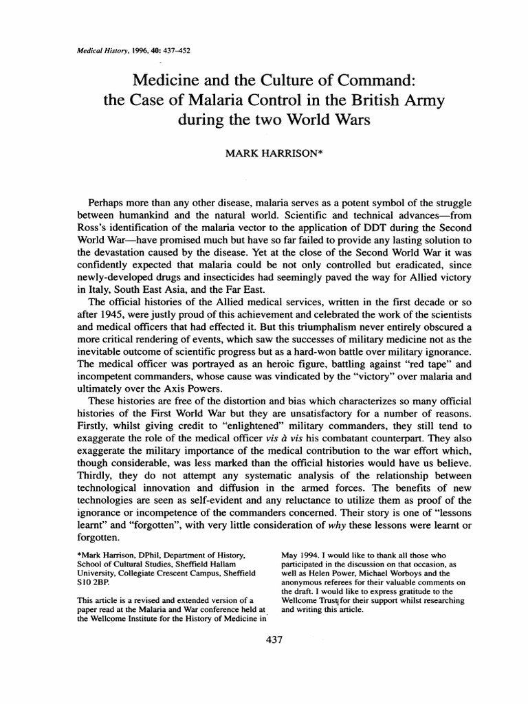 Medicine and The Culture of Command: The Case of Malaria Control in The ...