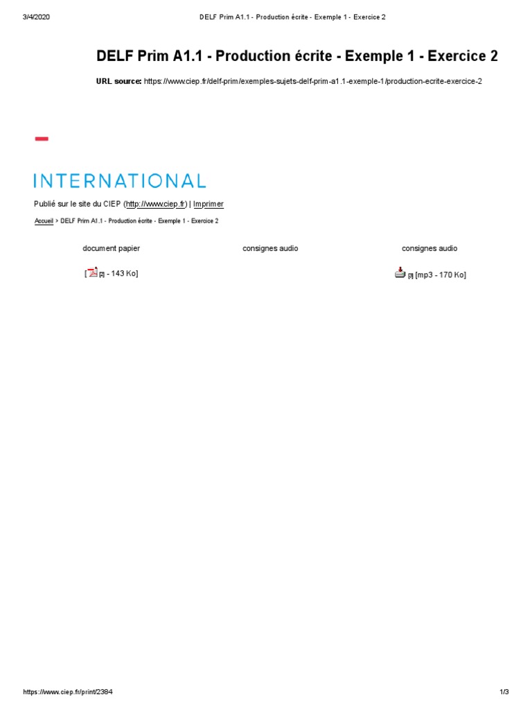 DELF Prim A1.1 - Production Écrite - Exemple 1 - Exercice 2 | PDF