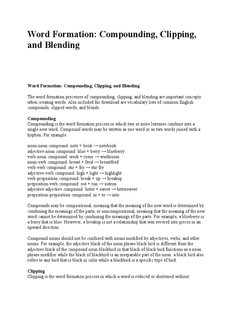 Word Formation: Compounding, Clipping, and Blending | PDF | Noun ...