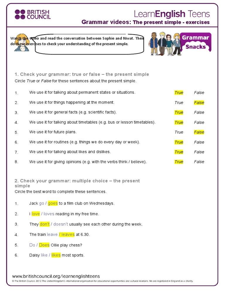 Present Simple True/False Exercises | PDF
