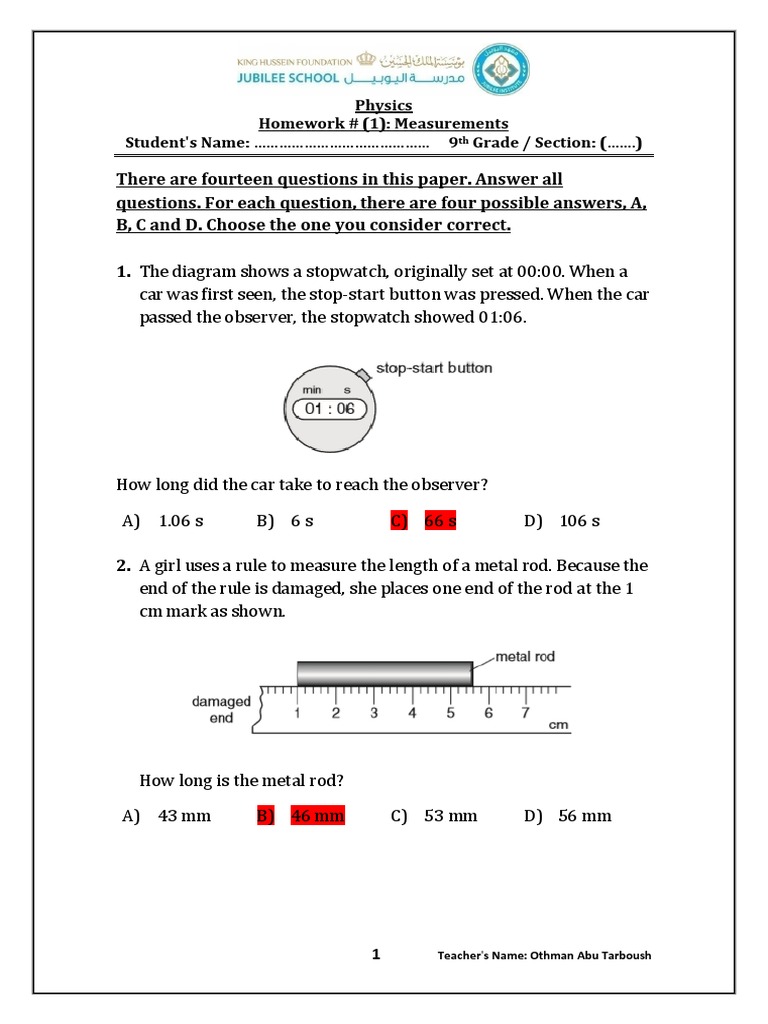 Grade 9 Homework 1 Measurements - Model Answers PDF | PDF | Density ...