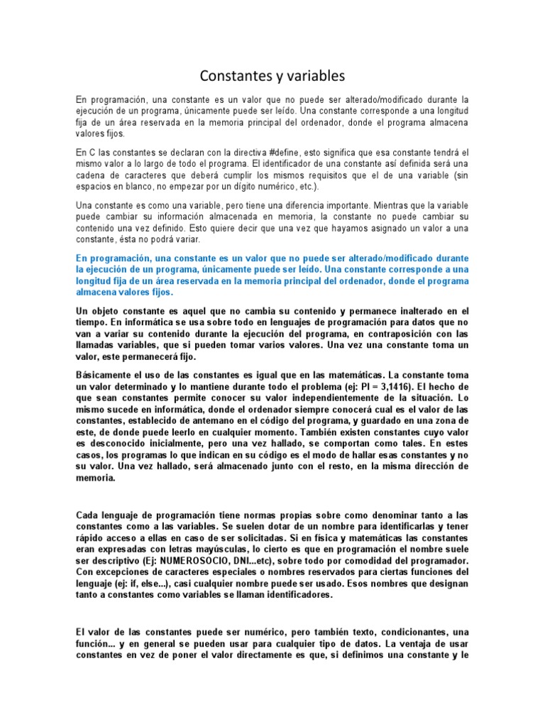 Constantes y Variables | PDF | Lenguaje de programación | Variable ...
