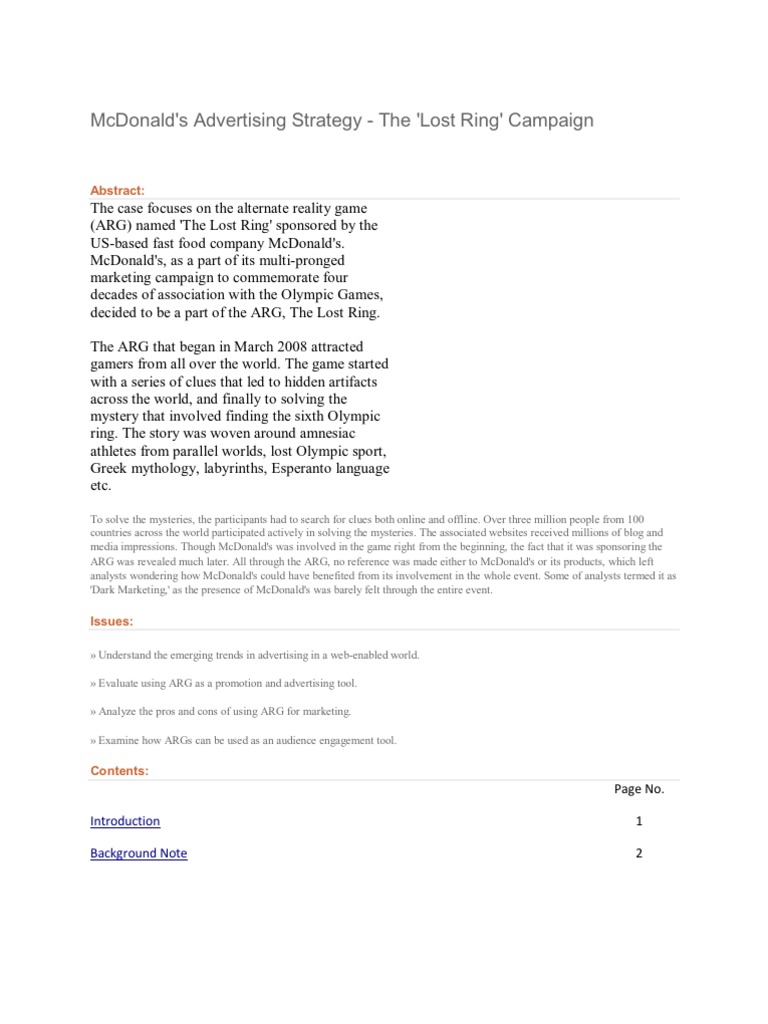 McDonald's Advertising Strategy - The 'Lost Ring' Campaign | PDF ...