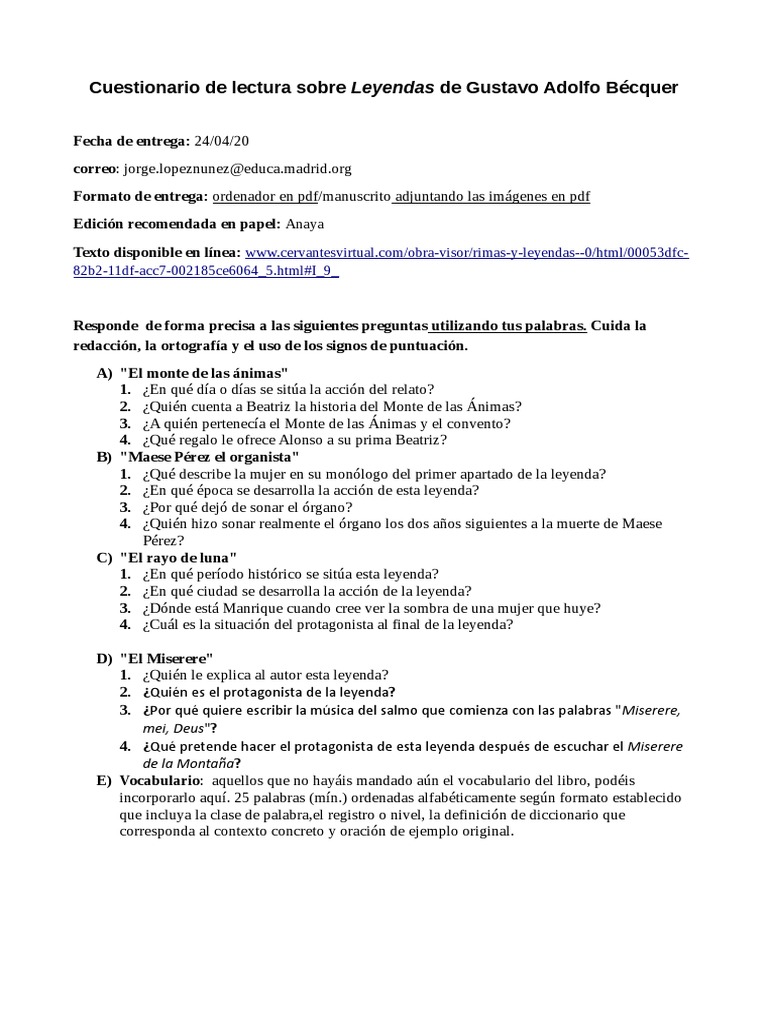 Cuestionario de Lectura Leyendas Bécquer Jorge L PDF | PDF
