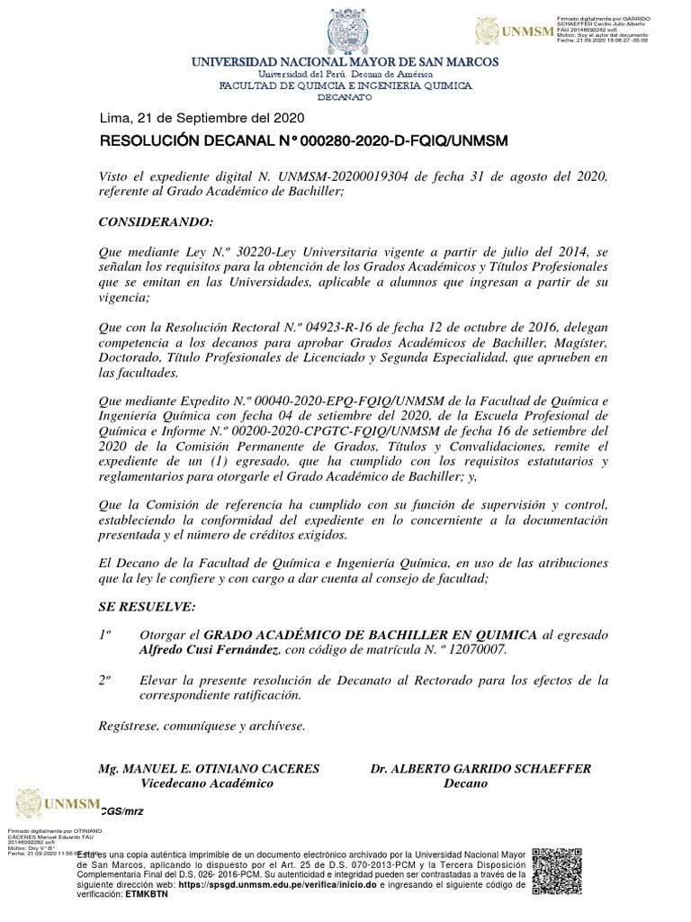 Resolución Decanal #000280-2020-D-Fqiq-Unmsm PDF | PDF | Titulo academico | Licenciatura