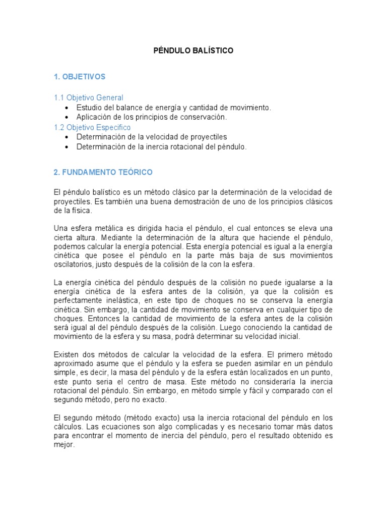 Estudio del Péndulo Balístico y Proyectiles | PDF | Péndulo | Rotación