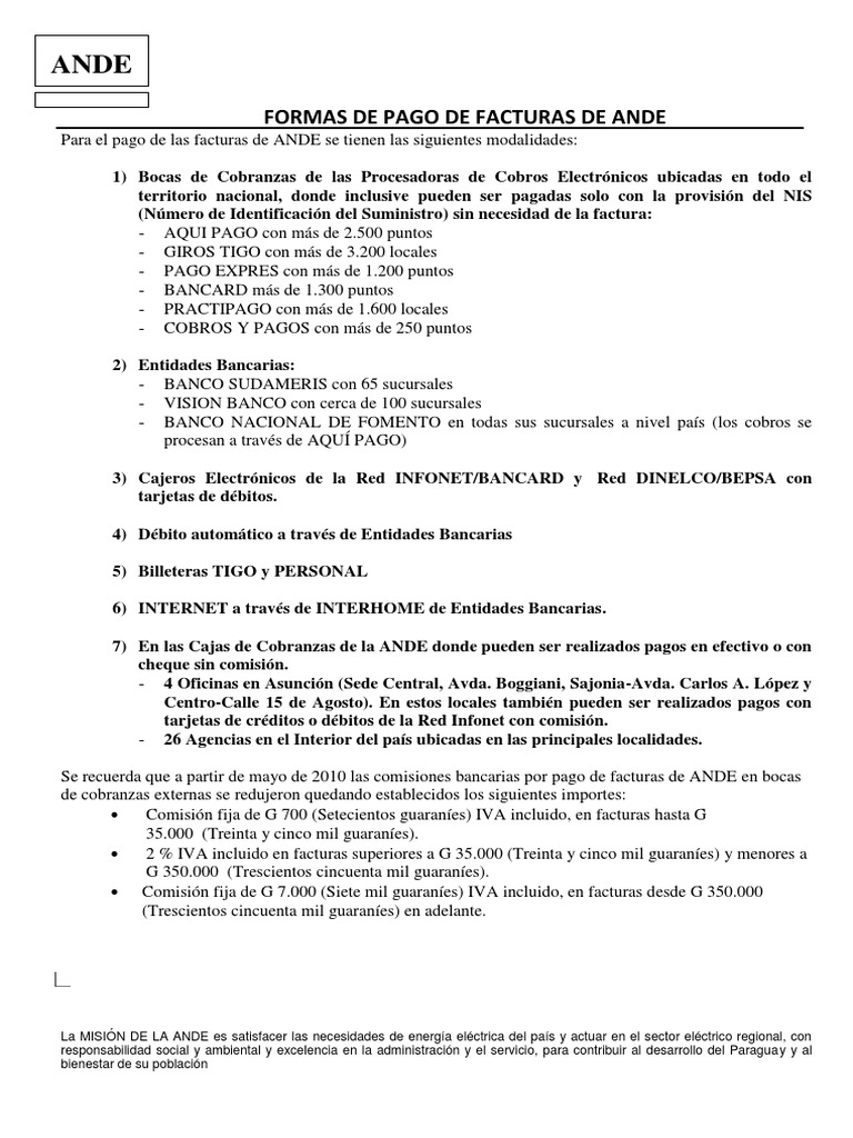 Formas de Pago de Facturas de ANDE | PDF | Tarjeta de débito | Bancos