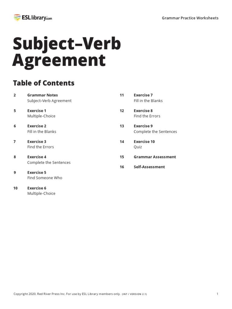 Subject-Verb Agreement: Grammar Practice Worksheets | PDF | Grammatical ...