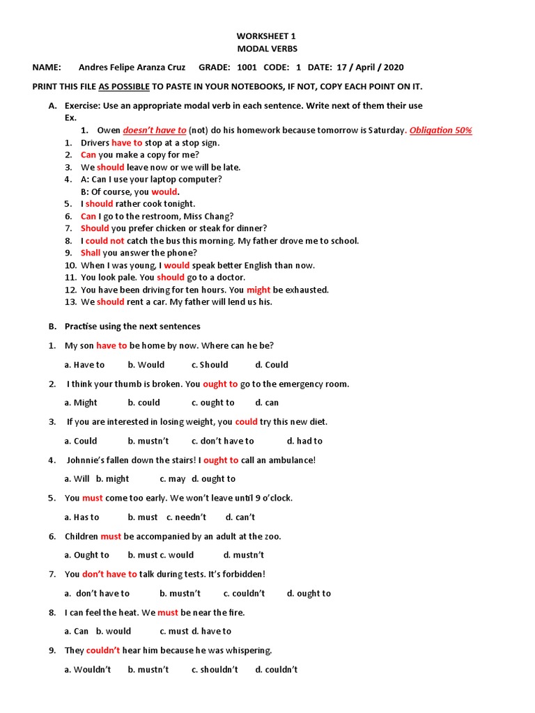 Modal Verbs Worksheet | PDF | Grammar | Syntax