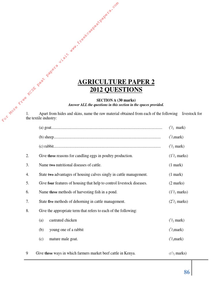 Agriculture Paper 2 2012 Questions: Section A | PDF | Animals And ...