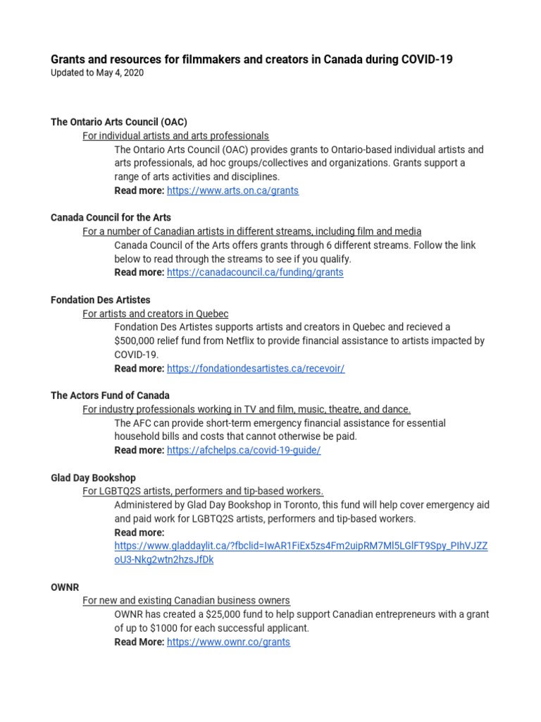 COVID-19 Grants for Canadian Filmmakers | PDF | Canada | Business