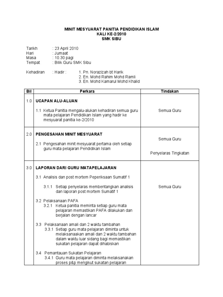 Minit Mesyuarat Panitia Pendidikan Islam | PDF