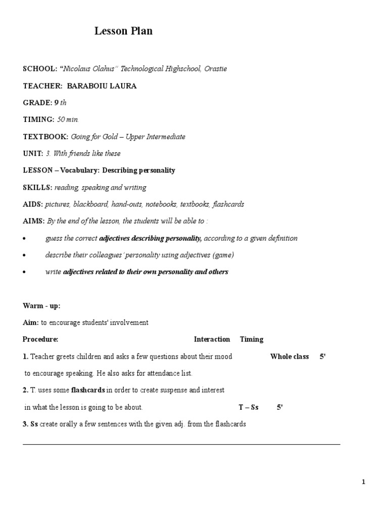 Lesson Plan - Describing Personality | PDF | Communication | Cognition