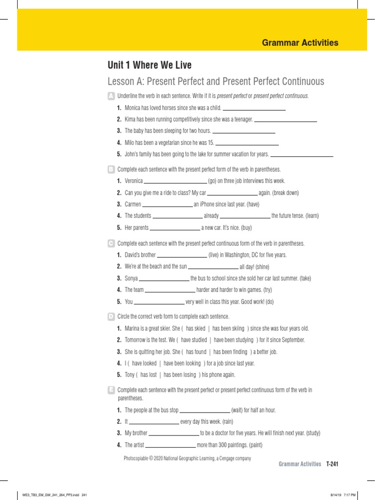 World English 3e Level 3 Grammar Activities Unit 1 Lesson A PDF | PDF | Grammar | Linguistics