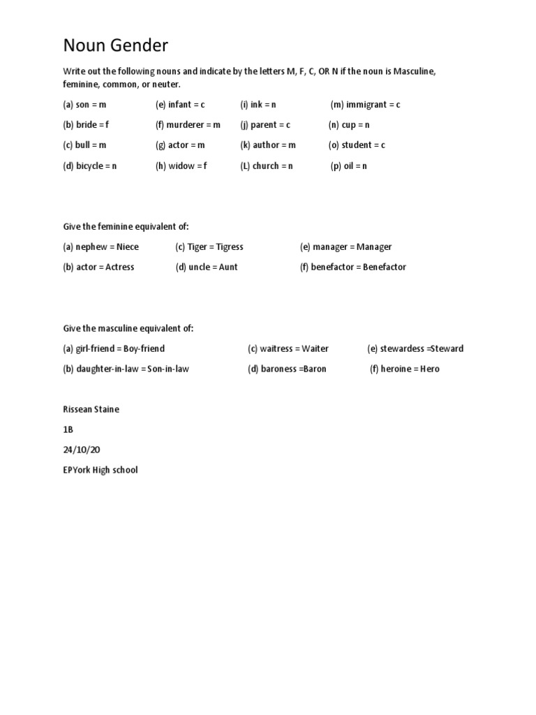 Noun Gender | PDF | Language Arts & Discipline | Art