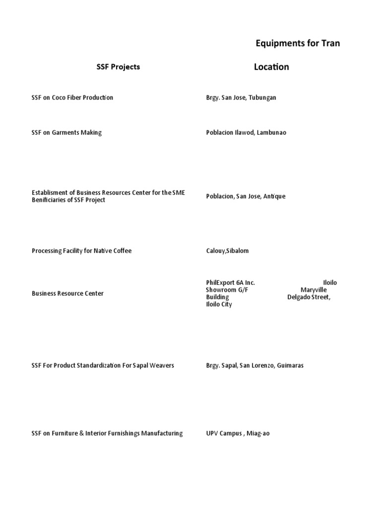 SSF Projects: Equipments For Transfer Location | PDF | Photocopier | Laptop