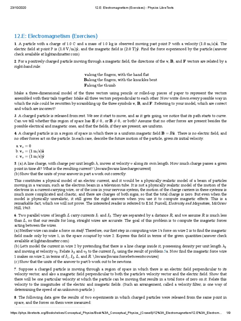 12.E - Electromagnetism (Exercises) - Physics LibreTexts | PDF | Waves | Magnetic Field