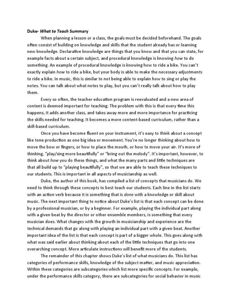 Duke What To Teach Summary | PDF | Curriculum | Teacher Education