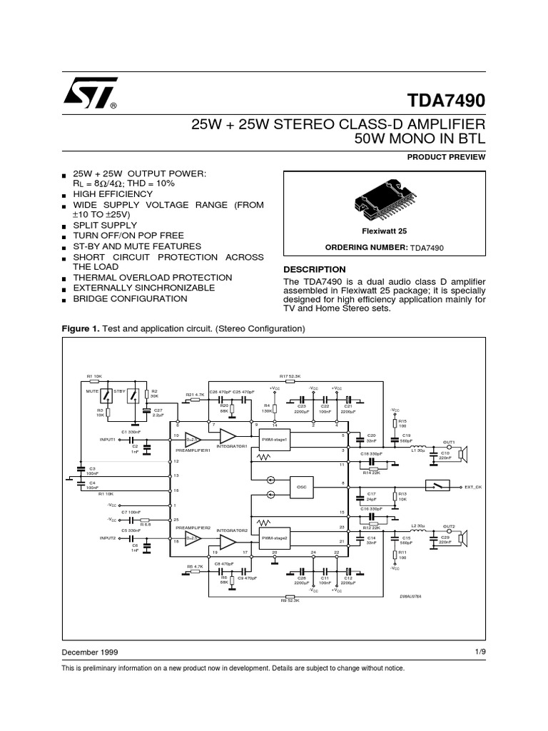 Tda7490 - Stereo Class-D | PDF | Power Supply | Feedback