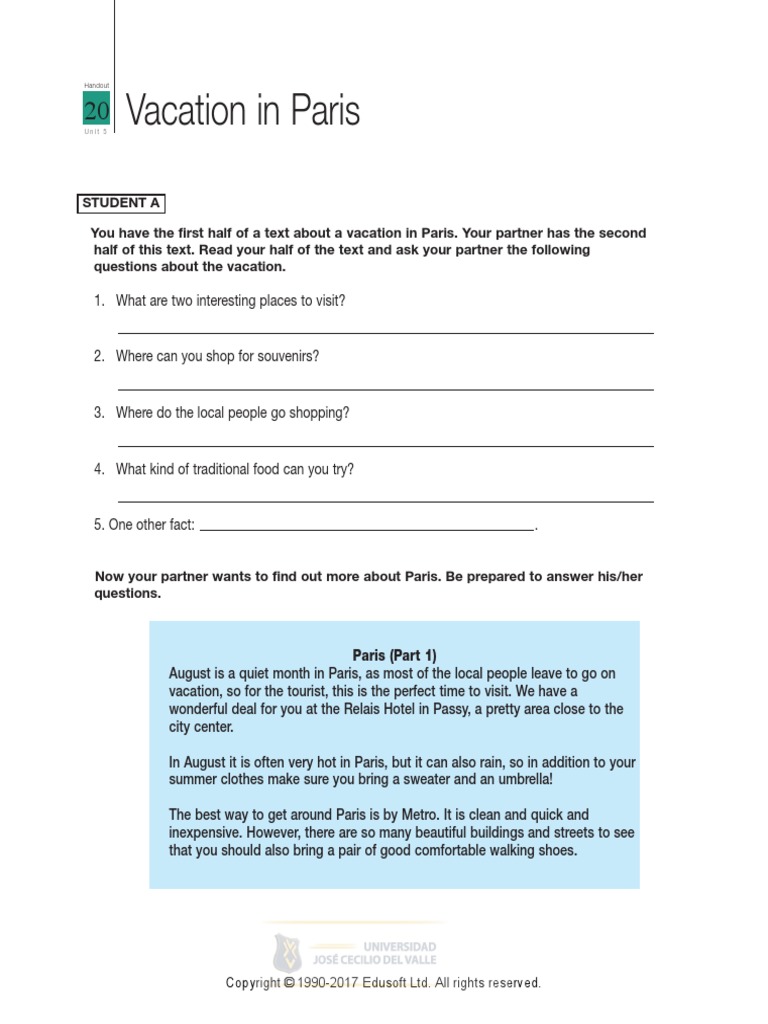 Vacation in Paris: Handout | PDF | Foods | Clothing