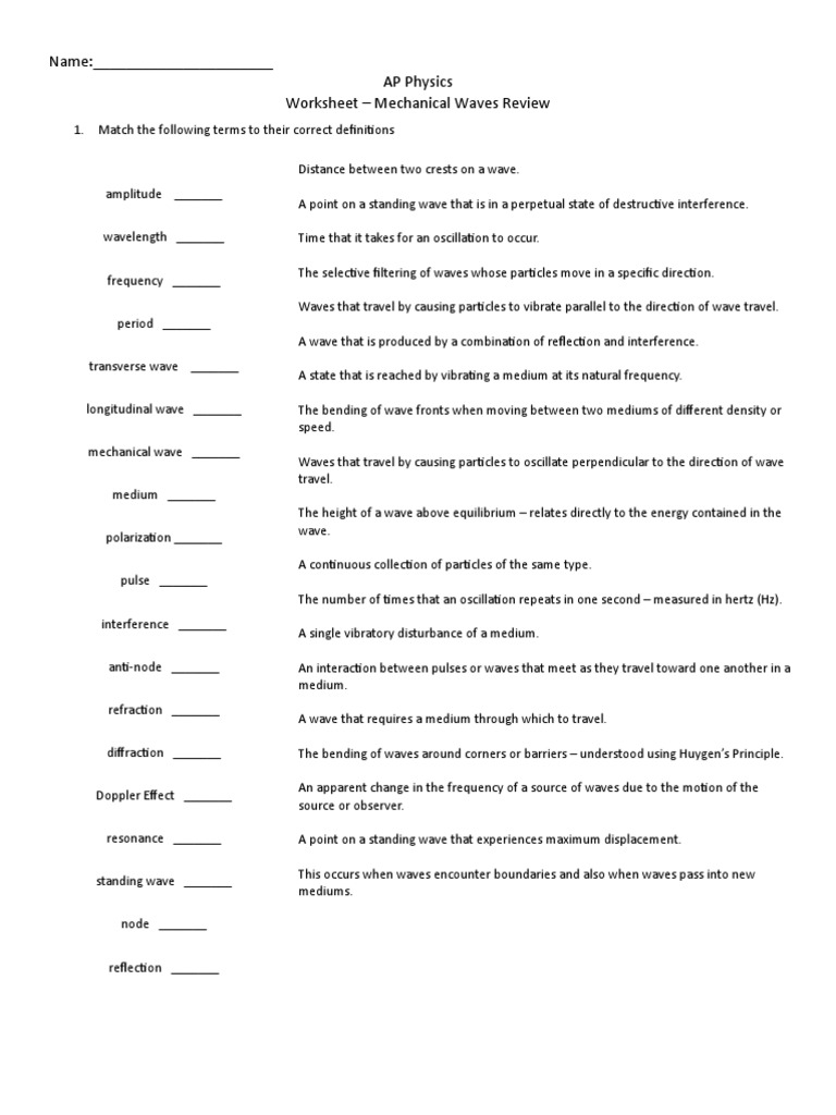 Name: - AP Physics Worksheet - Mechanical Waves Review | PDF | Waves ...