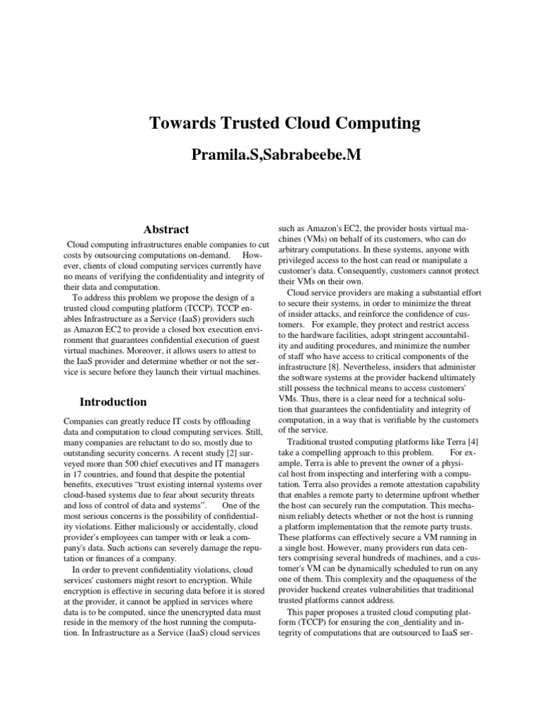 Towards Trusted Cloud Computing: Pramila.S, Sabrabeebe.M | PDF | Trusted Computing | Cloud Computing