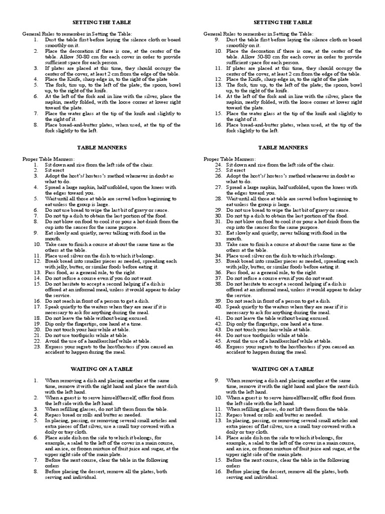 SETTING THE TABLE Handouts | PDF | Tableware | Food And Drink