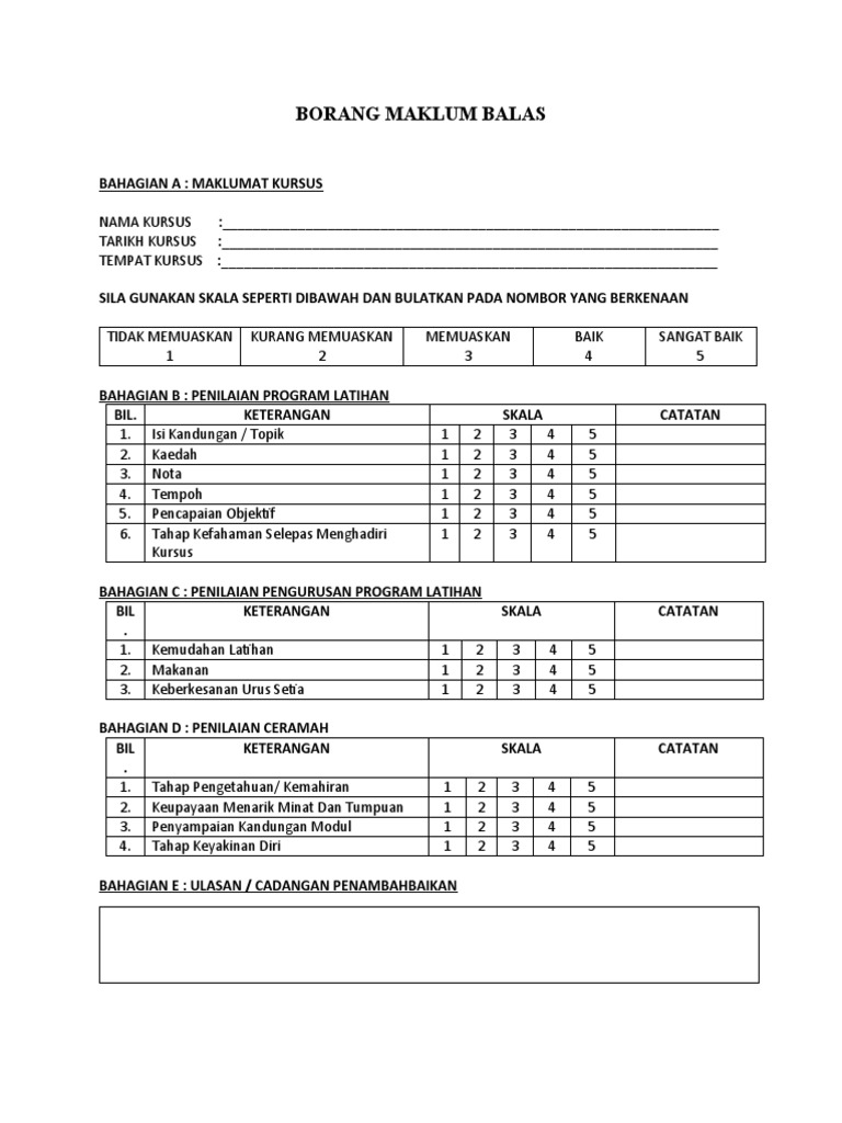 Contoh Borang Maklum Balas | PDF