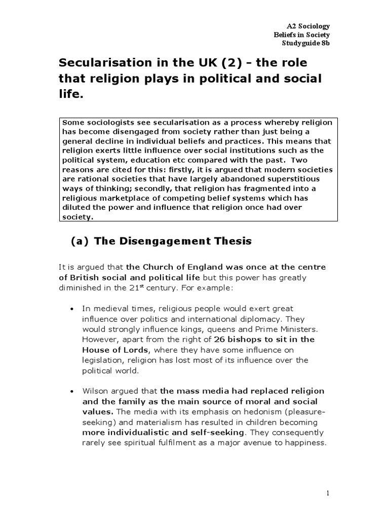 Secularisation in The UK (2) - The Role That Religion Plays in Political and Social Life | PDF ...