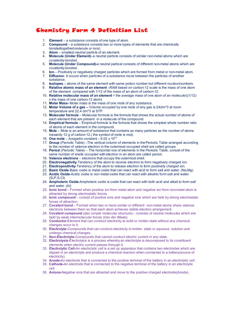 Chemistry Form 4 Definition List | PDF | Mole (Unit) | Ion