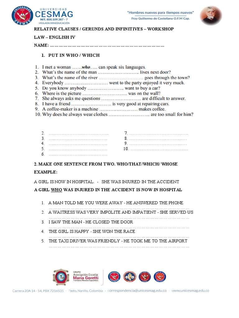 Relative Clauses-Gerunds-Infinitives Workshop English Iv | PDF ...