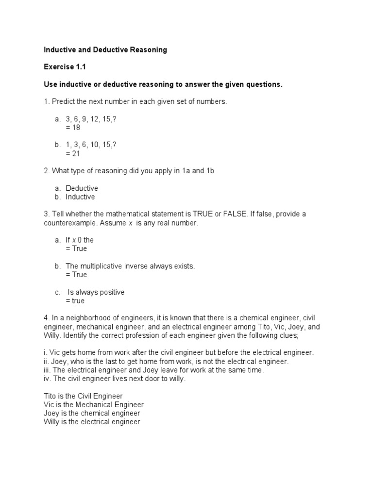 Inductive and Deductive Reasoning Exercise 1.1 Use Inductive or ...