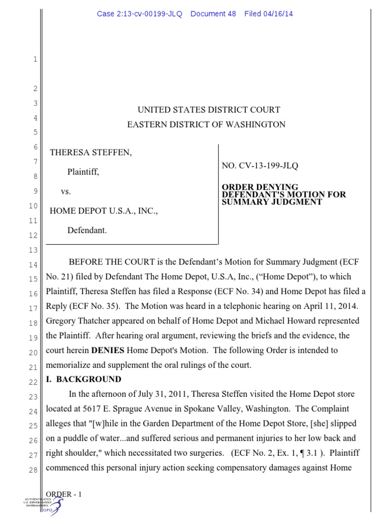 Order Denying Defendant'S Motion For Summary Judgment | Download Free PDF | Summary Judgment ...