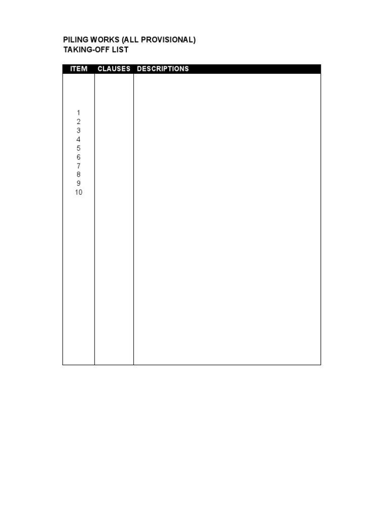Piling Works (All Provisional) Taking-Off List: Item Clauses ...