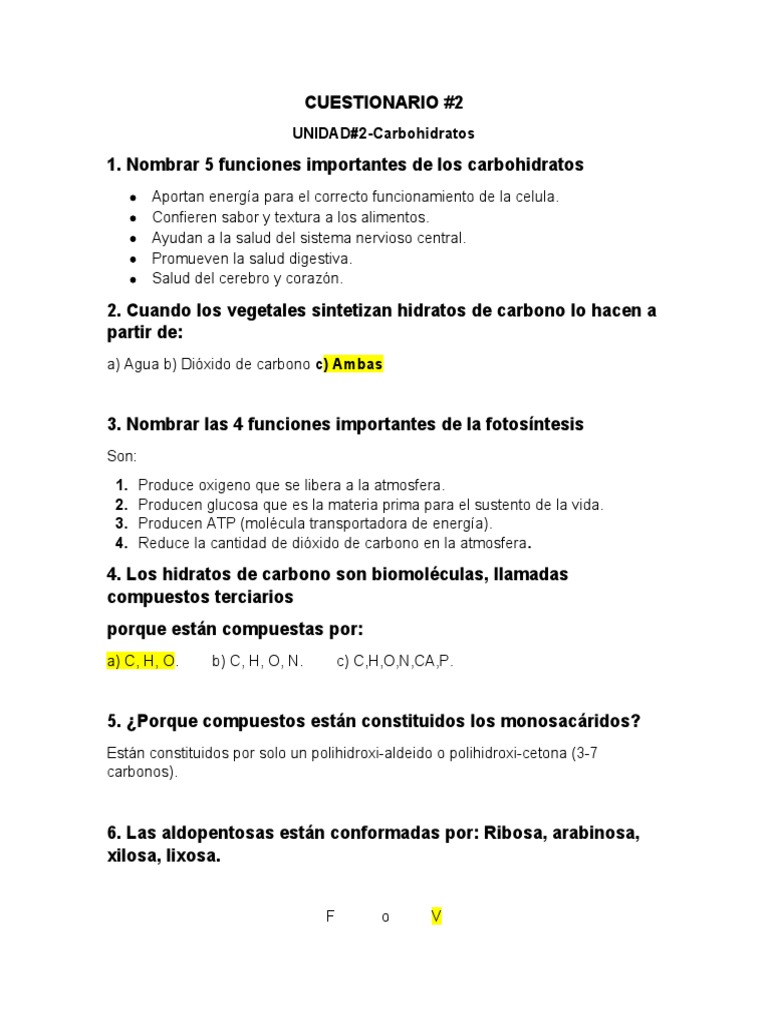 CUESTIONARIO 2 de Bioquimica | PDF | Glucosa | Carbohidratos
