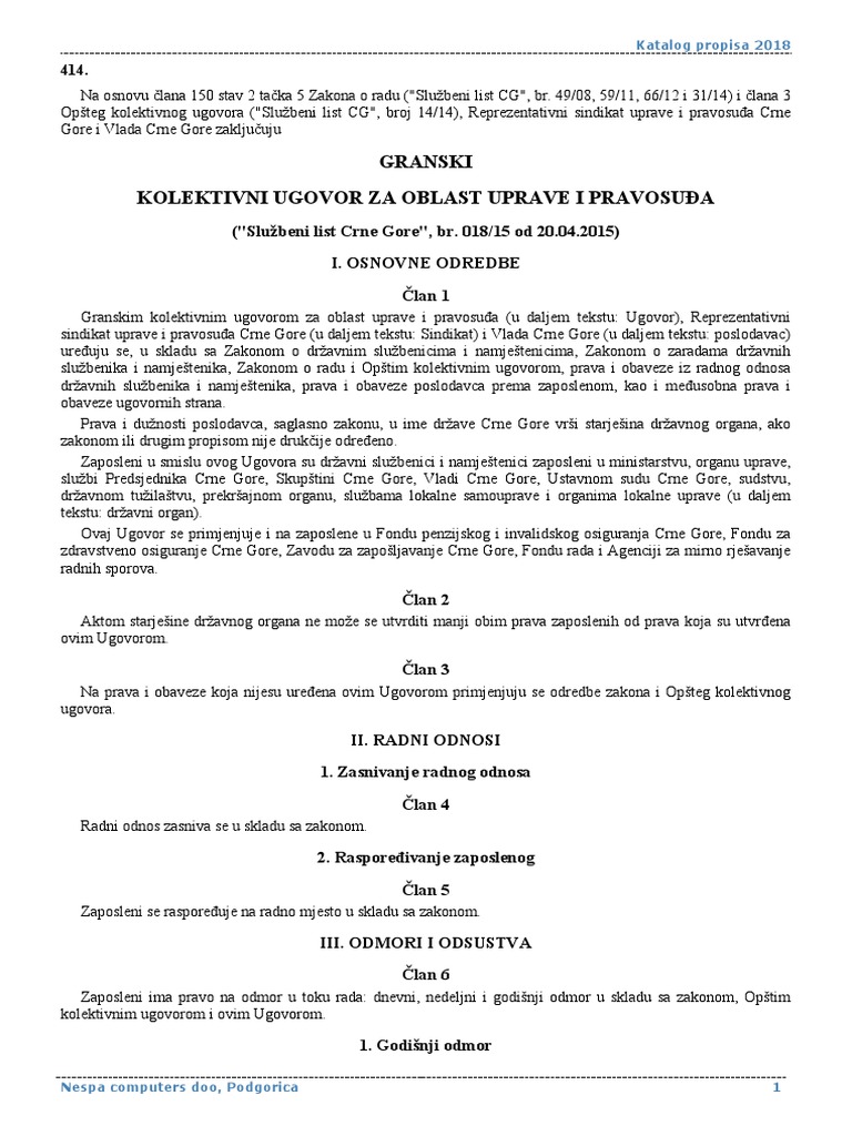 Granski Kolektivni Ugovor Za Oblast Uprave I Pravosudja PDF | PDF