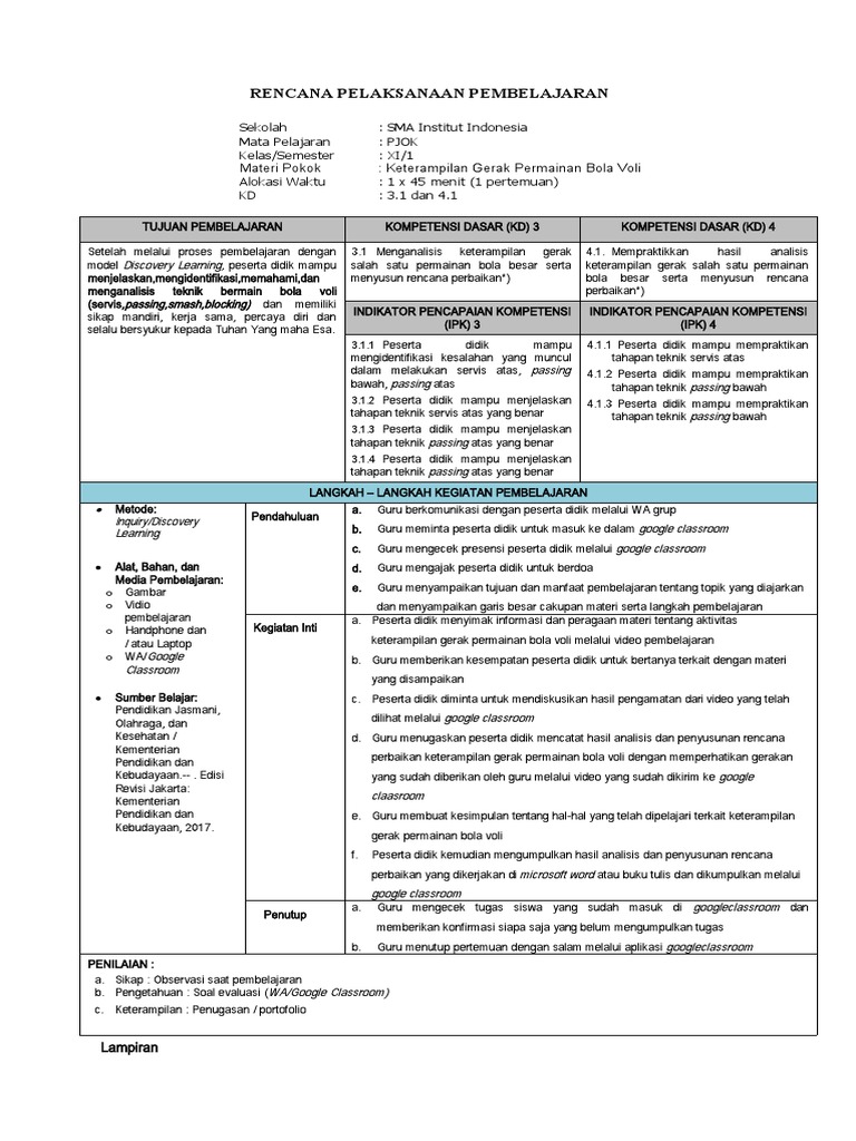 RPP Daring PJOK Kelas XI PPL SMA Institut Indonesia (RATNA UNNES) | PDF