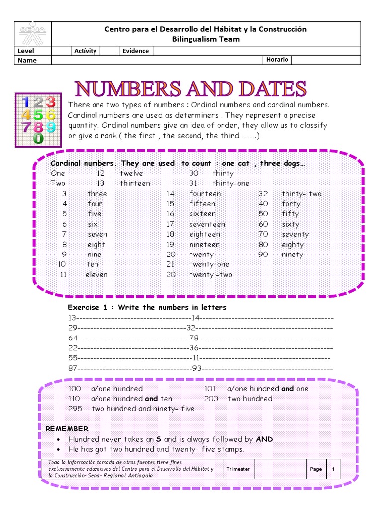Writing Dates and Numbers Exercises | PDF