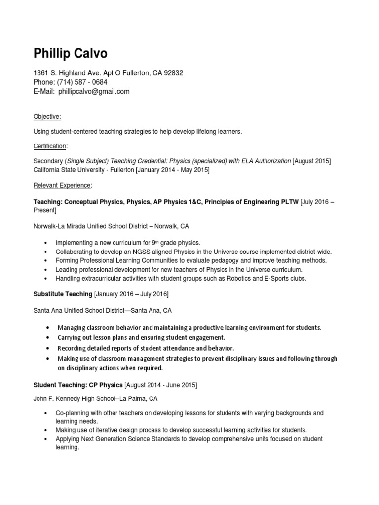Resume Oct 20 | PDF | Teachers | Curriculum