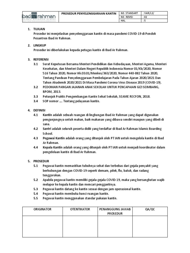 SOP Penyelenggaraan Kantin | PDF